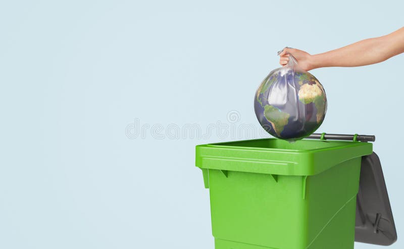 Crop Anonymous Woman Throwing Globe into Trash Can Stock Illustration ...