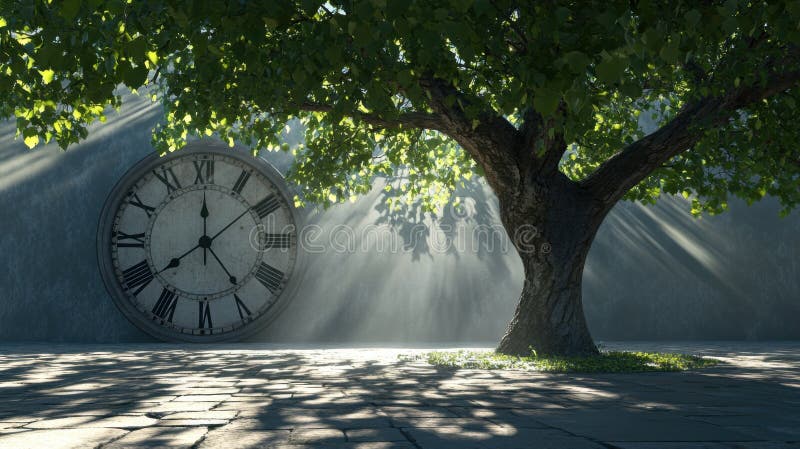 Conceptual 3D Rendering of an Old Clock and a Tree Stock Illustration ...