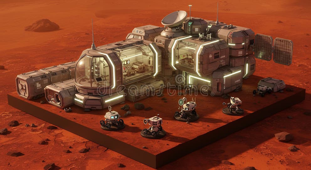 Future Mars Colony Habitat, Robotic Rovers Exploring the Planet Surface ...