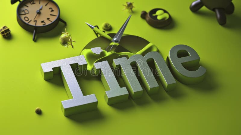 Conceptual Depiction of Time on a Bright Green Background with Floating ...
