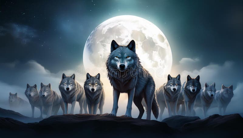 Conceptual Depiction of a Wolf Pack with an Alpha Amidst a Full Moon ...