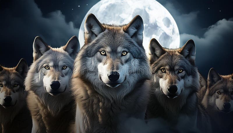 Conceptual Depiction of a Wolf Pack with an Alpha Amidst a Full Moon ...