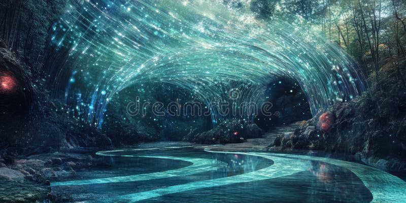 Conceptual Design of Digital Data Stream Over Tranquil Nature Landscape ...