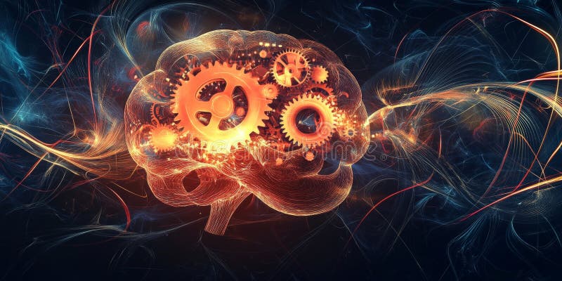 A Conceptual Design Featuring Gears Inside a Glowing Brain, Connected ...