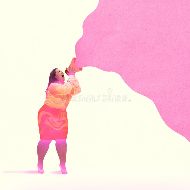 Conceptual Design. Plus-size Woman Shouting in Megaphone with Blank ...