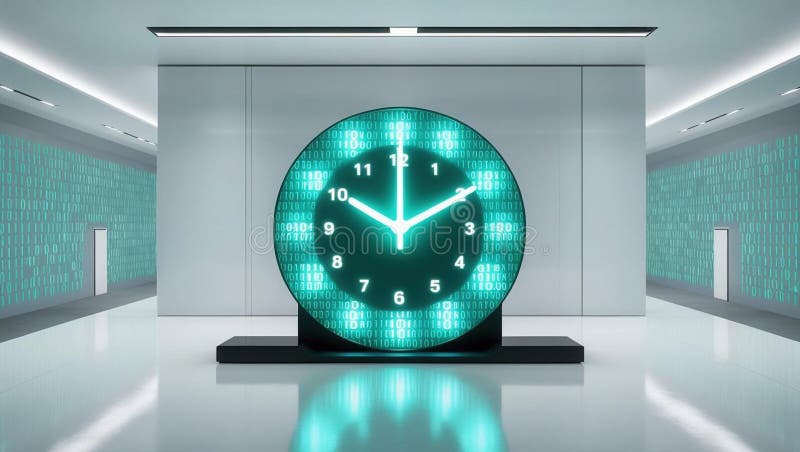 Conceptual Digital Clock with Glowing Binary Code, Symbolizing AI Driven Precision and Time ...