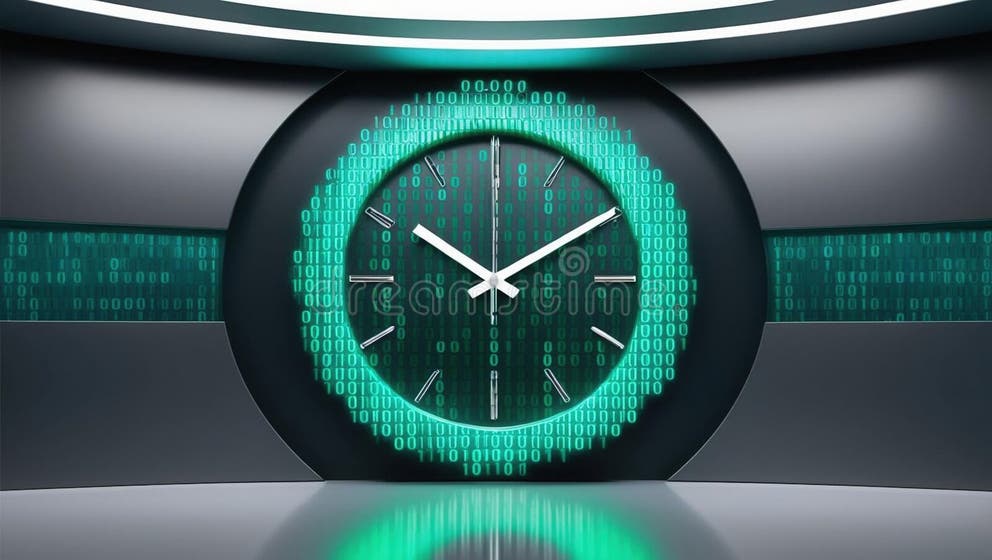 Conceptual Digital Clock with Glowing Binary Code, Symbolizing AI Driven Precision and Time ...