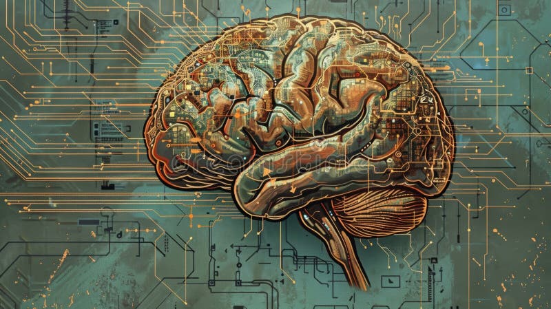 A Conceptual Drawing of a Brain with Sections Representing Human and AI ...