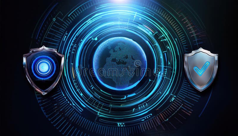 Conceptual Flat Lay Featuring Holographic Globe, Security Shields, and Digital Elements ...