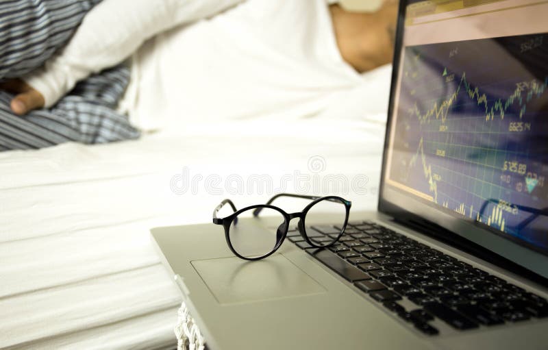 Conceptual Focus on Glasses Businessman Working on Laptop Sleep Stock ...