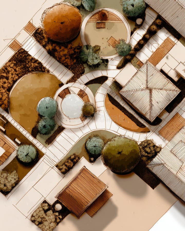 Architectural Concept Sketch Showing Houses and Shared Courtyard with ...