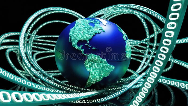 Conceptual Globe Representing Global Intelligence Surrounded By Binary Code Streams Symbolizing