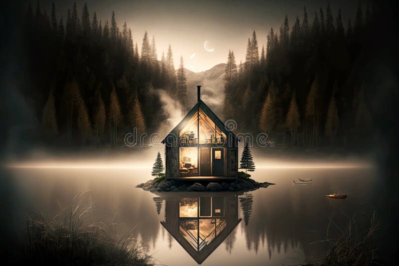 Conceptual Glowing in Fog Tiny House on Lake Stock Illustration ...