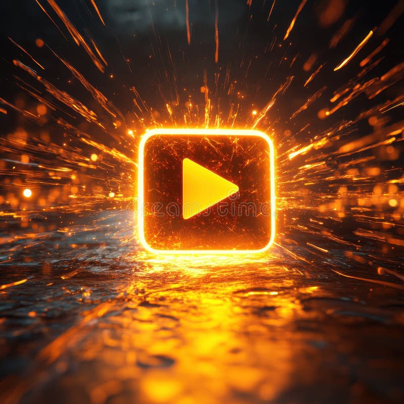 A Conceptual Glowing Play Button Surrounded by Light Rays in a Digital ...