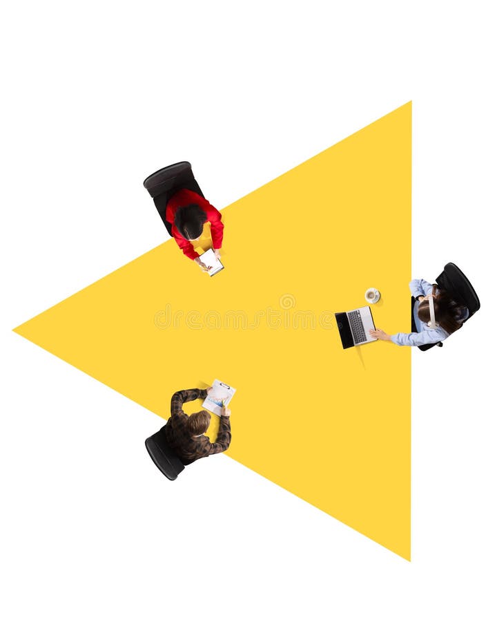 Conceptual Graphic Design. People Sitting Around Yellow Triangle, Using ...