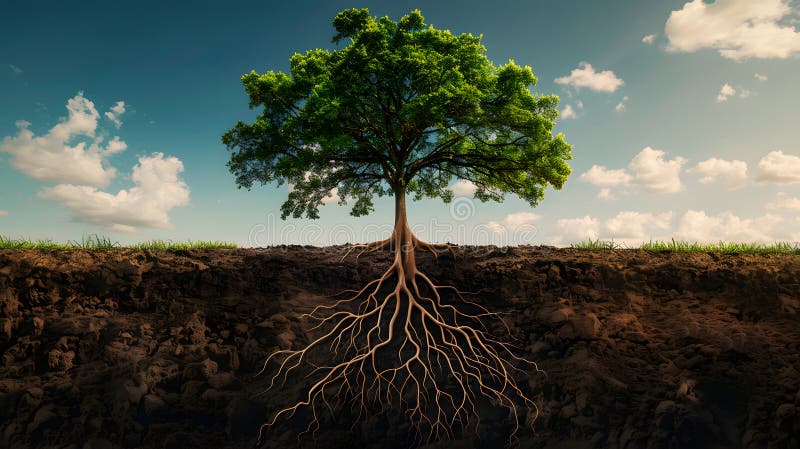 Conceptual Green Tree with Roots Growing Out of Soil on Blue Sky ...