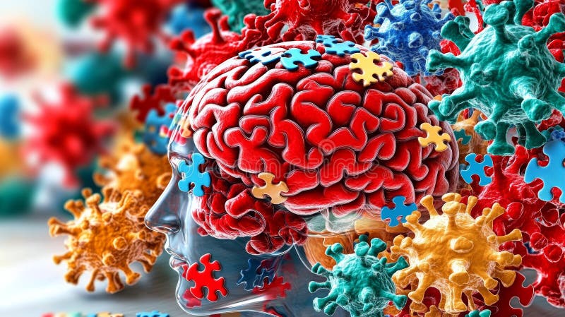 Conceptual Illustration of Brain Surrounded by Colorful Puzzle Pieces ...
