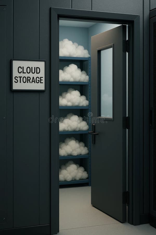 Conceptual Illustration of Cloud Storage Represented by Physical Clouds on Shelves Inside a ...