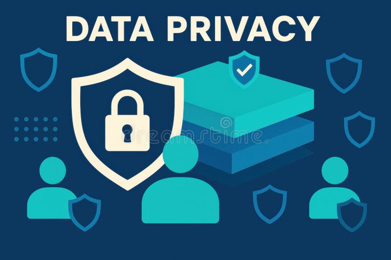 Data Privacy Infographic Illustrating Layered Protection with Shield Icons, User Icons, and ...