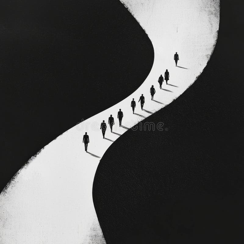 Conceptual Illustration Depicts Fork in Road Where Crowd Walks Together ...