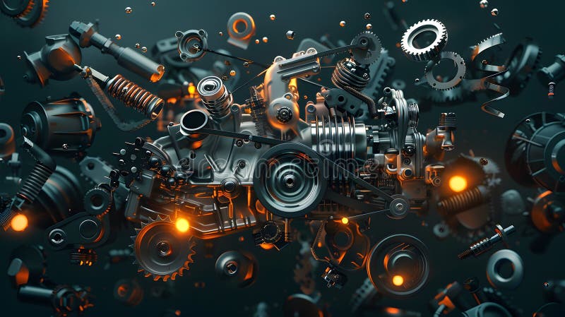 Conceptual Illustration of a Disassembled Car Engine in Exploded View ...