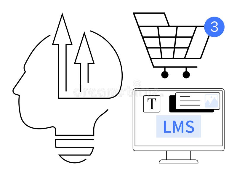 Conceptual Illustration of E-learning with Head Silhouette, Shopping ...