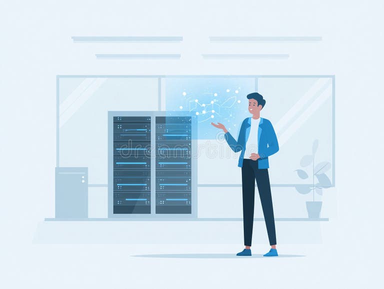 Conceptual Illustration of a Man Presenting Server Data, Symbolizing ...