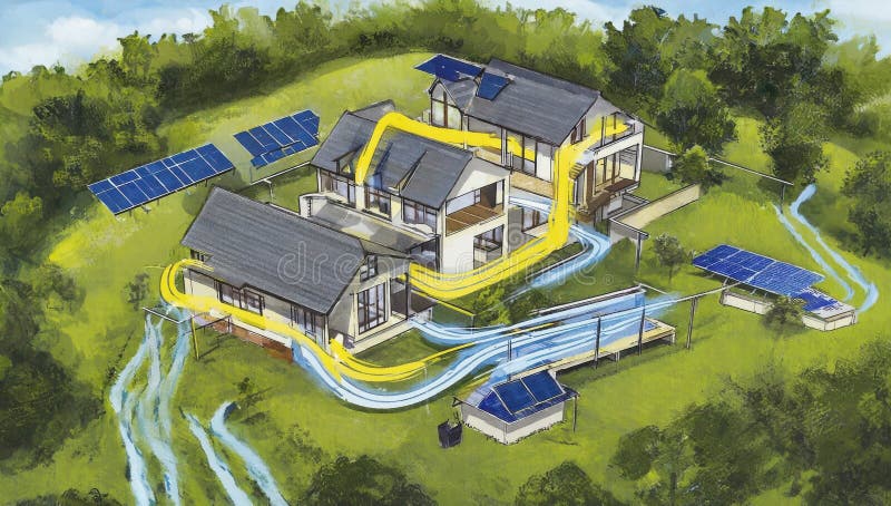 A Conceptual Illustration of a Modern Energy-efficient House, Featuring ...