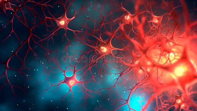 Neuron Cells with Glowing Link Knots. Red Neurons in Brain. Generative ...