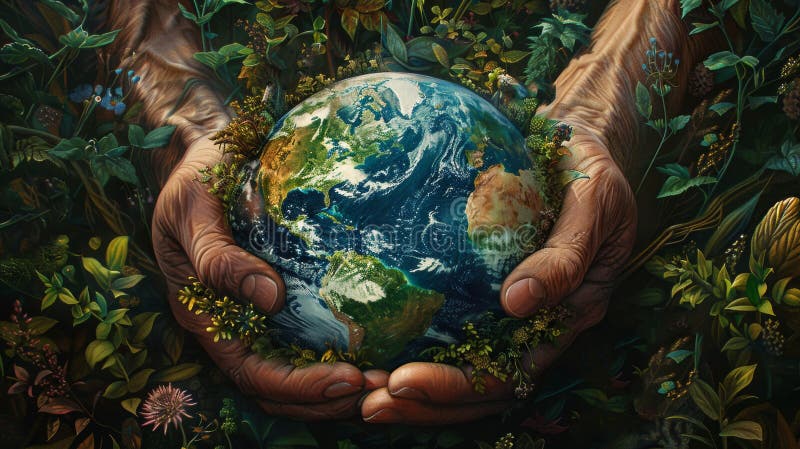 Conceptual Illustration of World Earth Day with Hands Holding a Globe Surrounded by Flora Stock ...