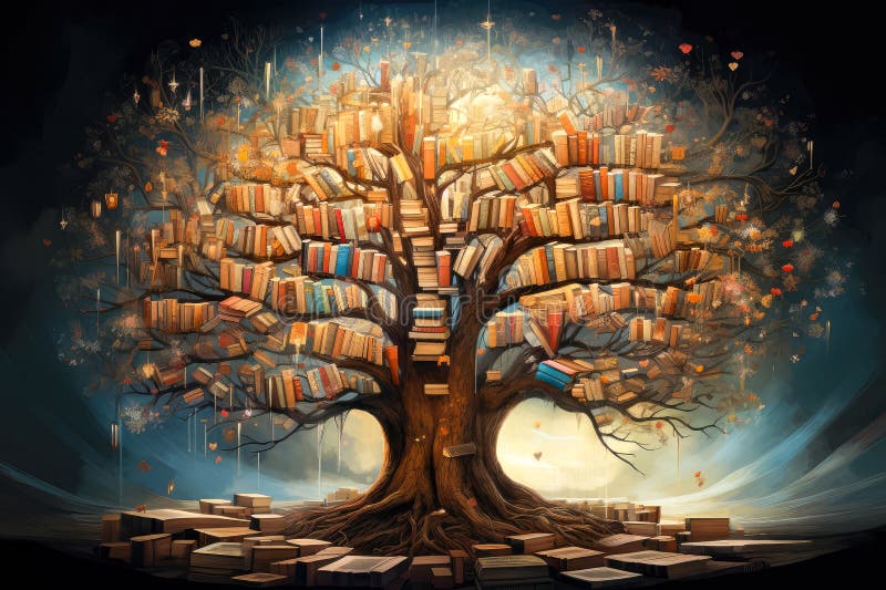 Conceptual Image of Big Tree with Books in the Shape of a Human Head ...
