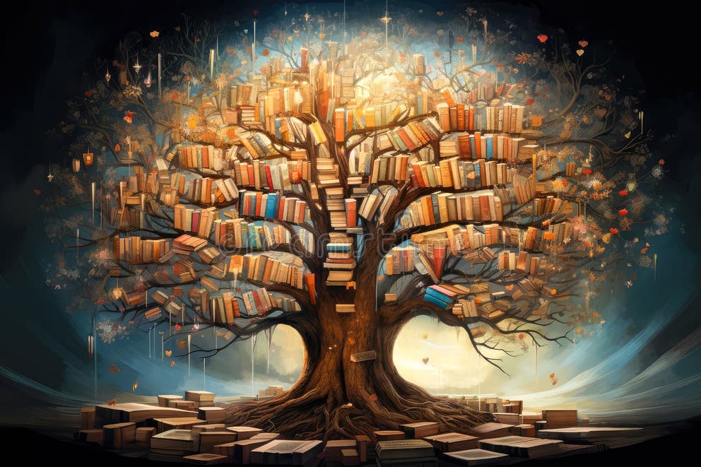 Conceptual Image of Big Tree with Books in the Shape of a Human Head ...