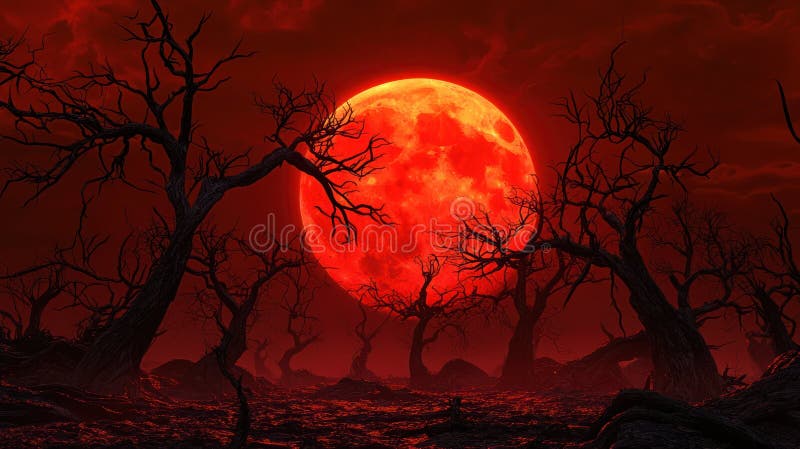Conceptual Image of a Blood-red Moon Rising Above Twisted, Stock ...