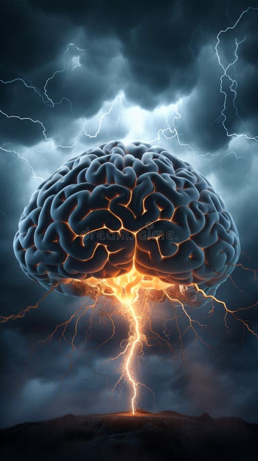 Conceptual Image Brain Amidst Storm Clouds, Lightning Symbolizing ...