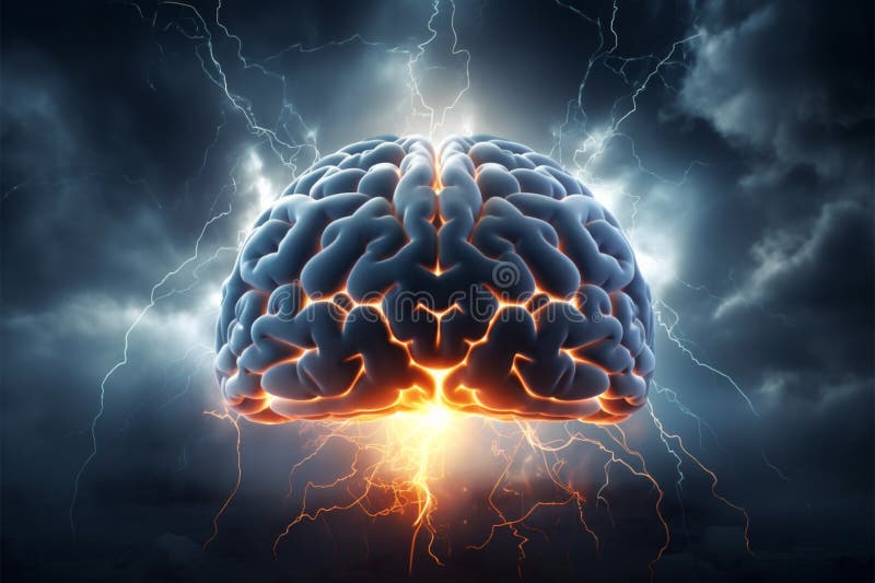Conceptual Image Brain Amidst Storm Clouds, Lightning Symbolizing ...