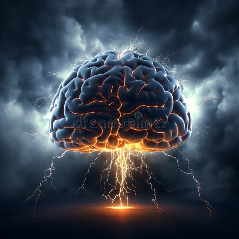 Conceptual Image Brain Amidst Storm Clouds, Lightning Symbolizing ...