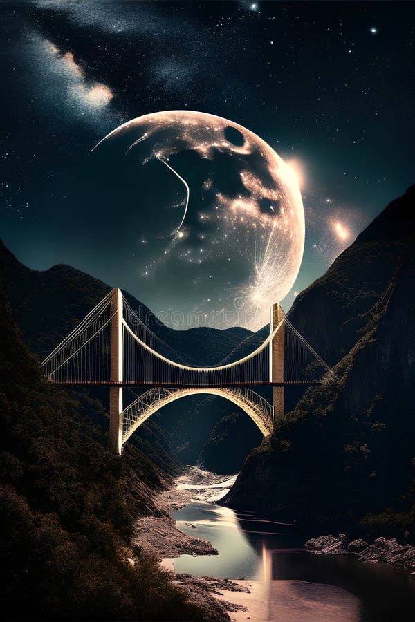 Conceptual Image of Bridge Over River with Full Moon and Stars Stock ...
