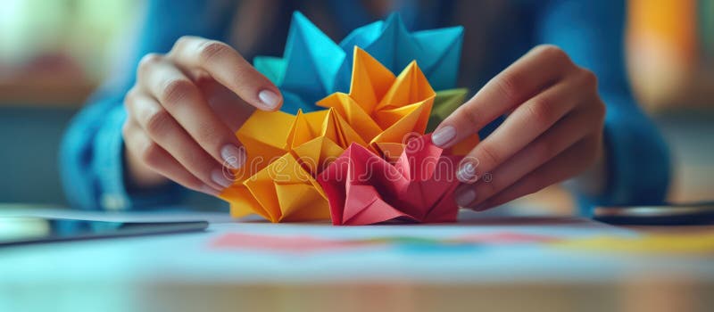 Delicate Hands Folding Vibrant Origami Paper with Tutorial Tablet ...