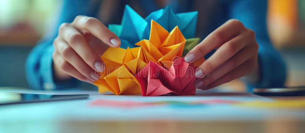 Delicate Hands Folding Vibrant Origami Paper with Tutorial Tablet ...