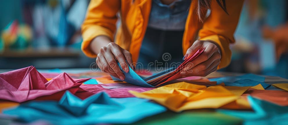 Delicate Hands Folding Vibrant Origami Paper with Tutorial Tablet ...
