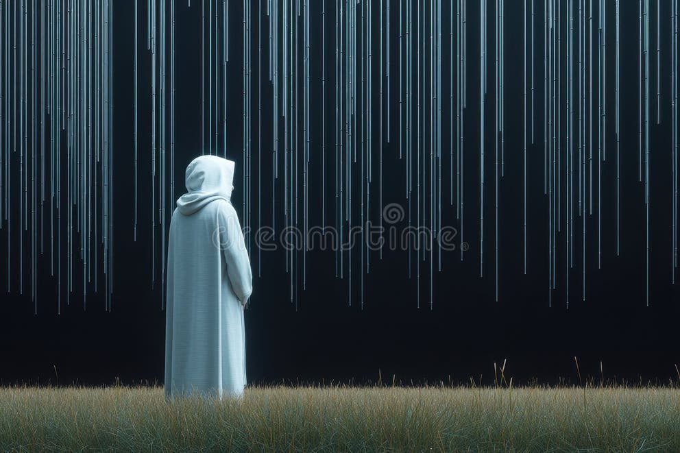 Conceptual AI Guardian Standing in Front of Binary Data Rain in ...