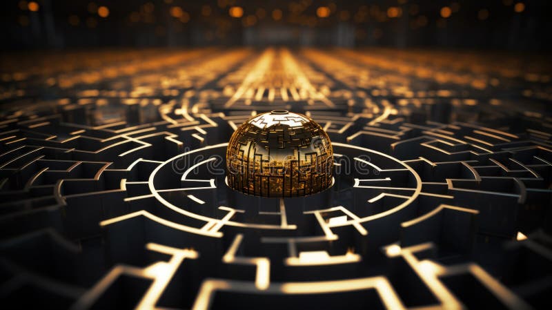A Conceptual Image of a Complex Maze with Golden Edges and a Central ...