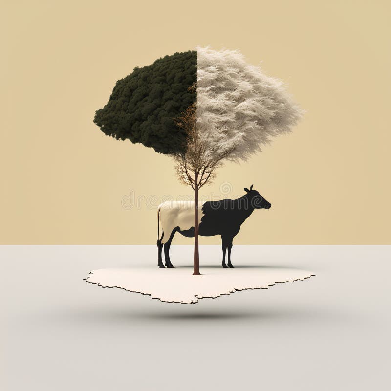 Conceptual Image of a Cow and a Tree Growing Out of a Hole Stock ...