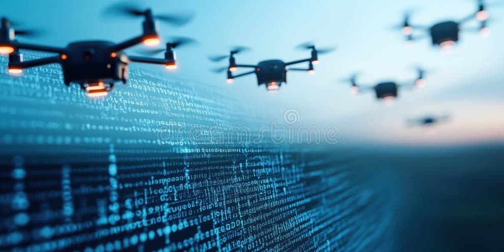 Conceptual Image of Cybersecurity Depicted As Swarm of Drones and ...