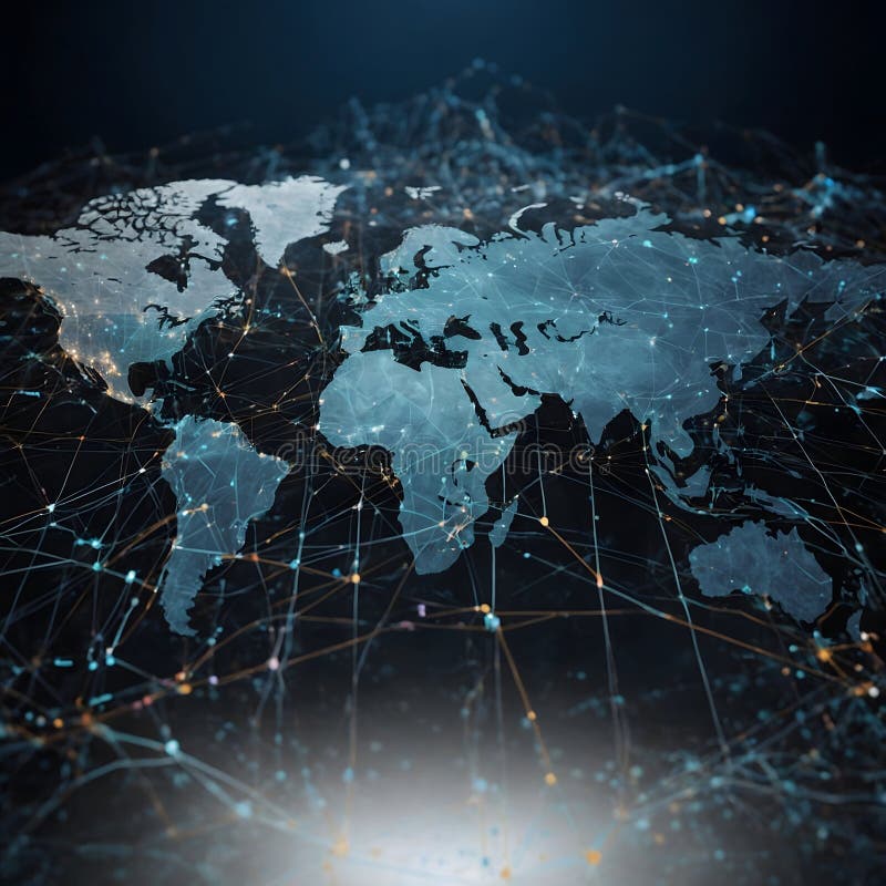 World Map with Data Streams and Financial Networks Representing Global ...