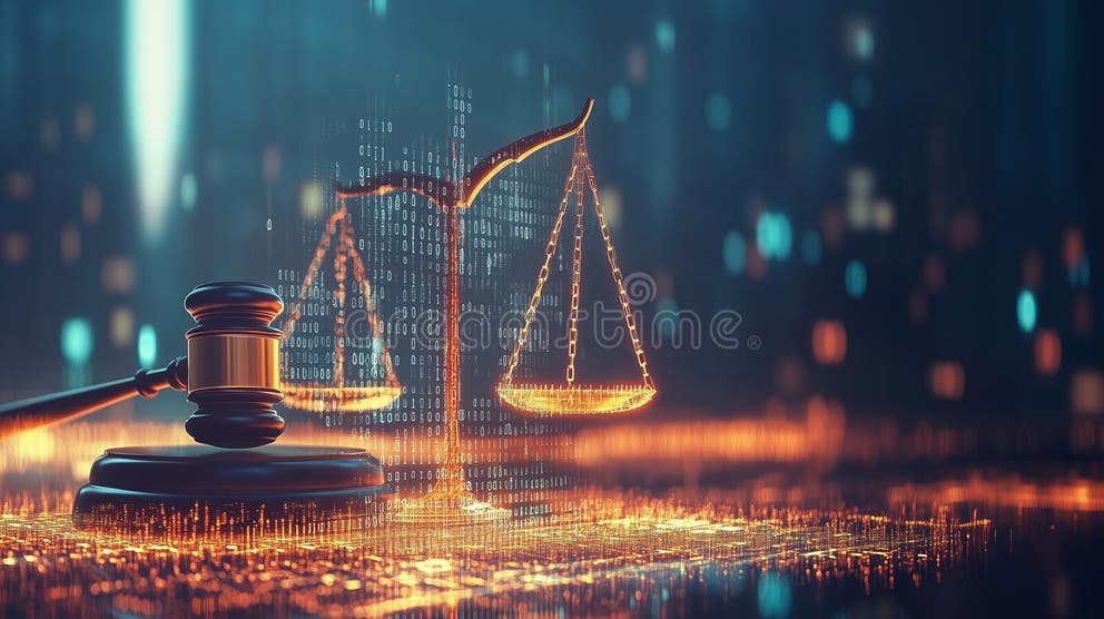 Conceptual Image of Digital Law Data, Glowing Gavel and Scales Made ...