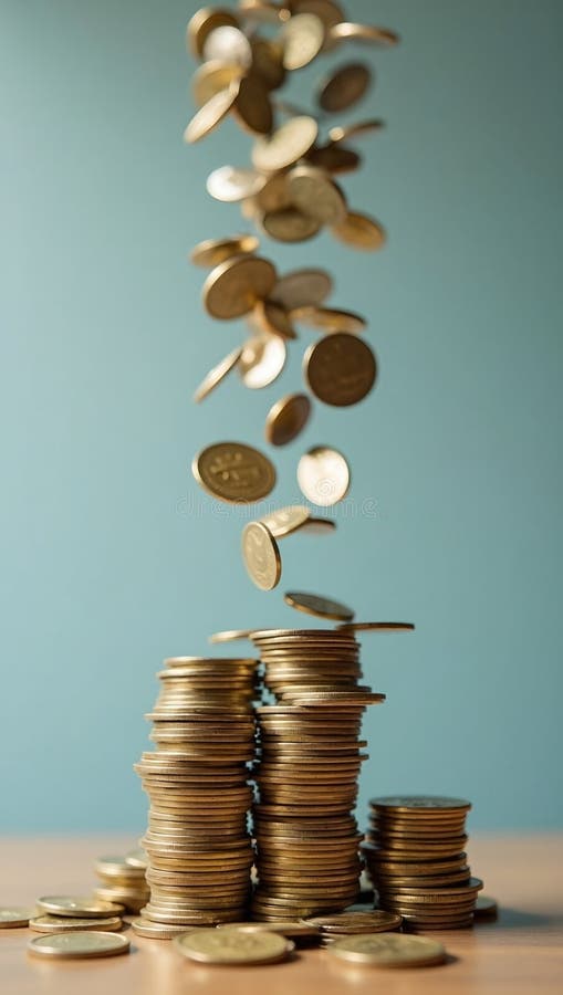 Conceptual Image of Falling Coins Frozen in Mid Air Next To a Stack of ...