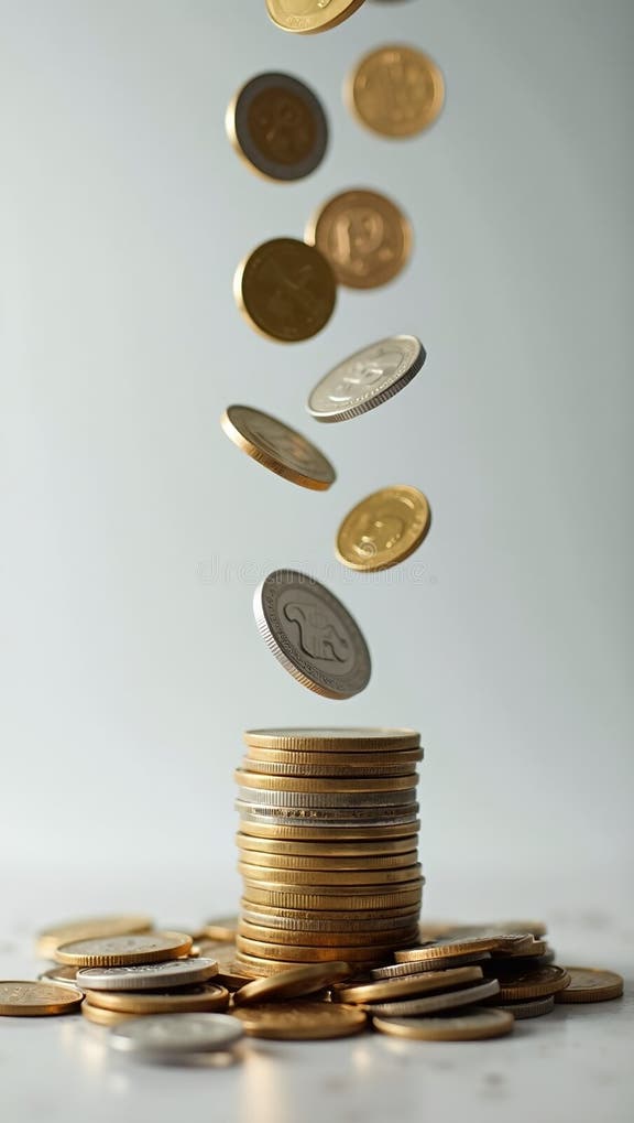 Conceptual Image of Falling Coins Frozen in Mid Air Next To a Stack of ...