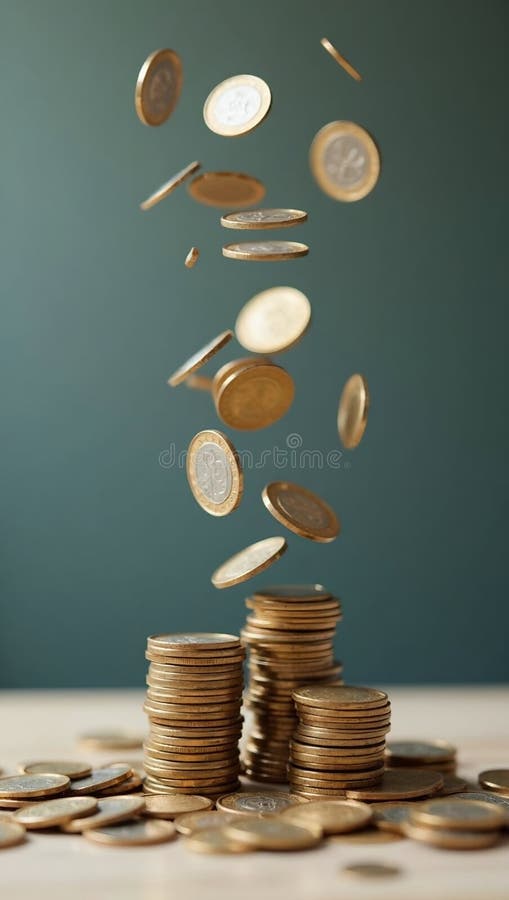 Conceptual Image of Falling Coins Frozen in Mid Air Next To a Stack of ...