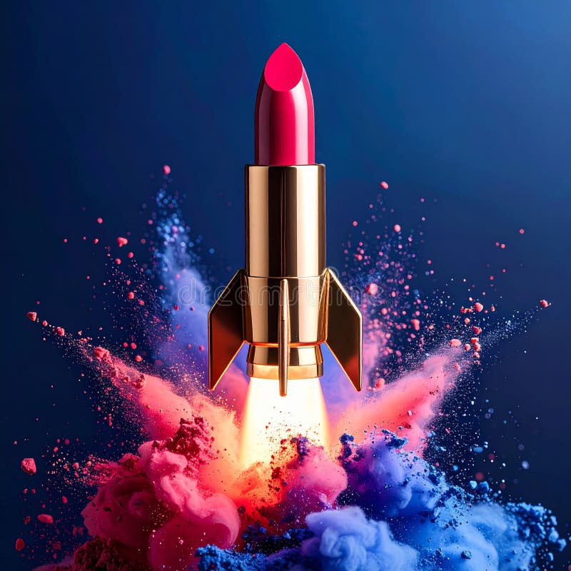 Lipstick Rocket Launching with Explosive Color Powder on Dark Blue Background Stock Illustration ...